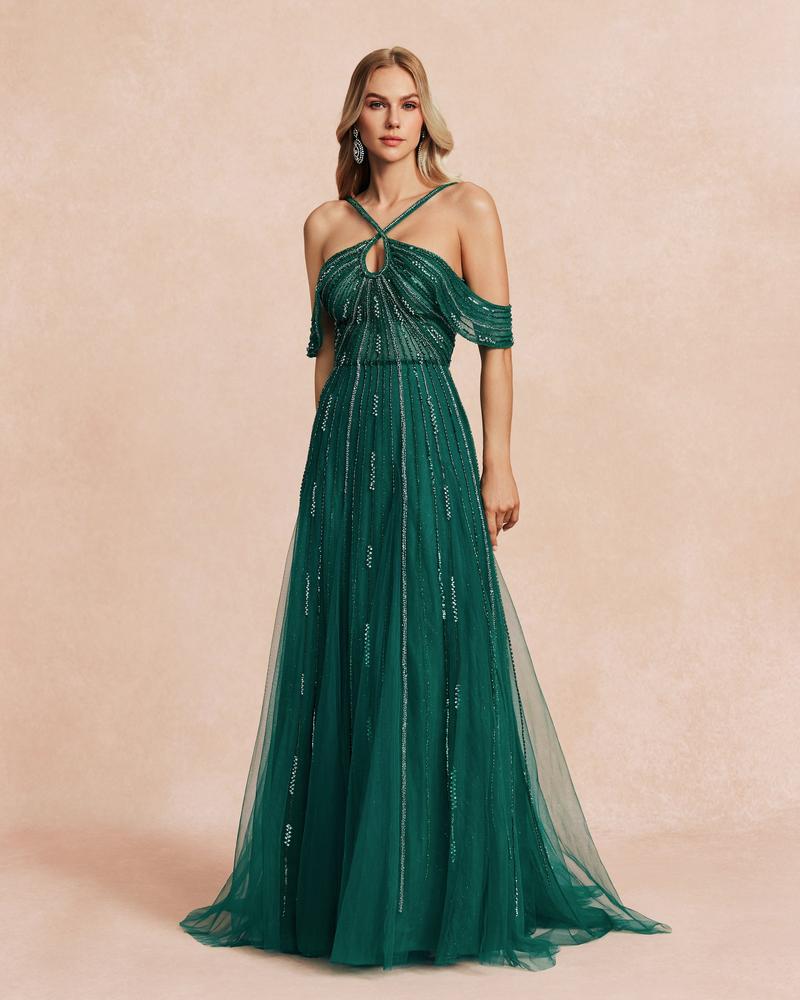 HKM-855763 Elegant Green Women's Evening Gown with Flowing Silhouette ...